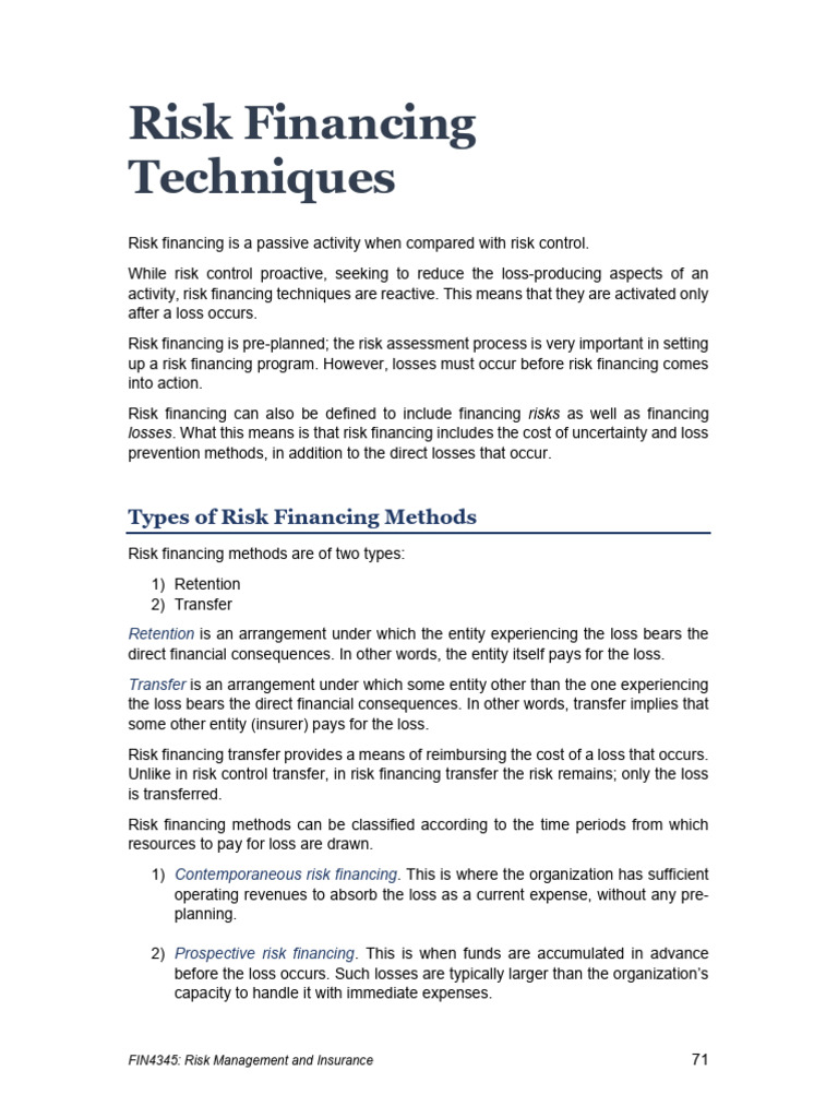 FIN 4345 - Risk Financing Techniques | PDF | Insurance | Risk