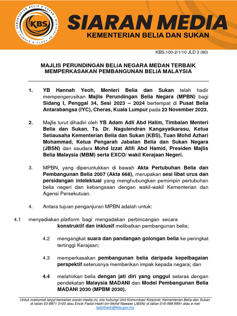 80 - Siaran Media - Majlis Perundingan Belia Negara 2023 | PDF