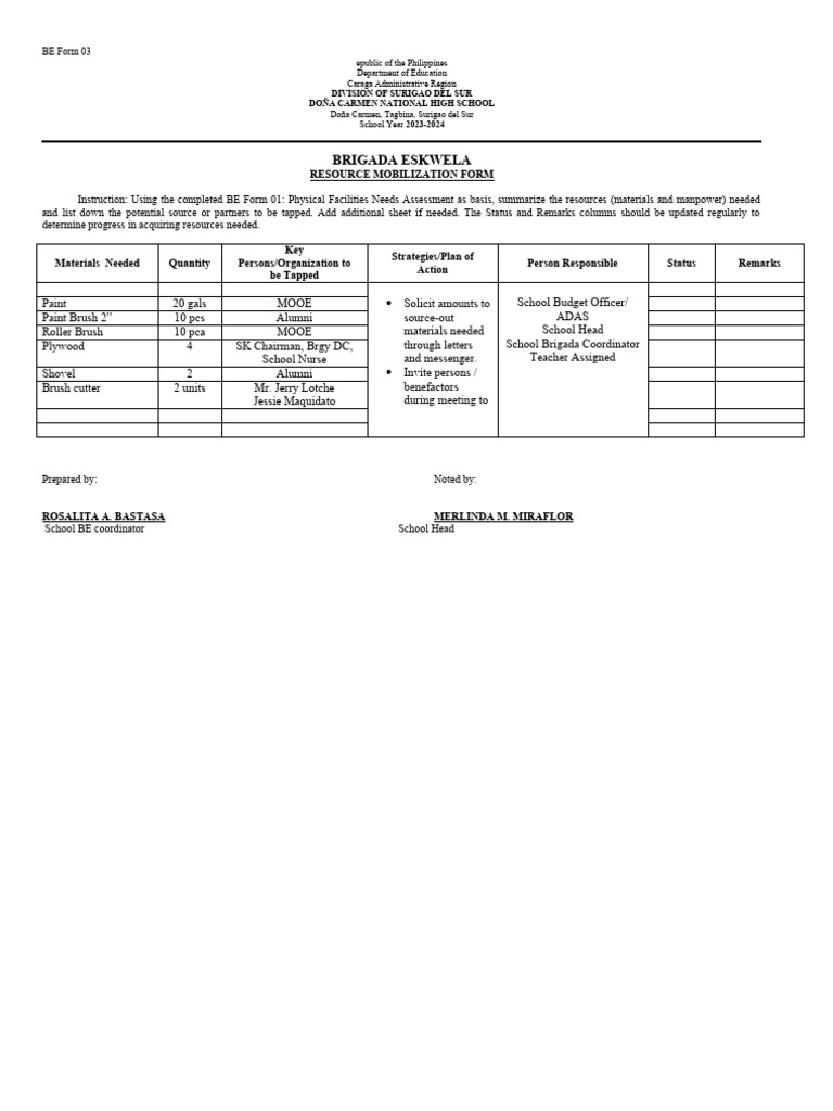 BE Form 3 RESOURCE MOBILIZATION FORM | PDF
