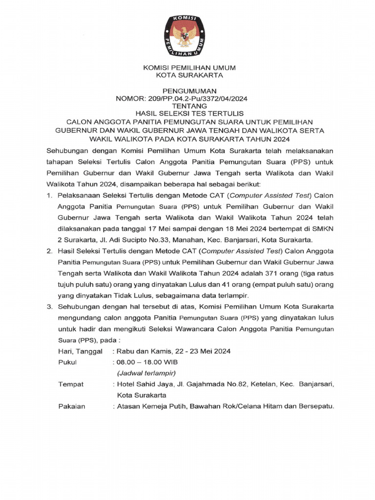 PENGUMUMAN HASIL SELEKSI TES TERTULIS CALON ANGGOTA PPS PILKADA TAHUN ...