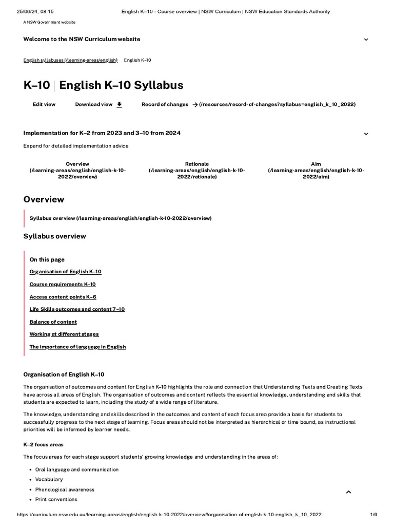 NSW English K–10 Syllabus Overview | PDF | Phonics | Educational Assessment
