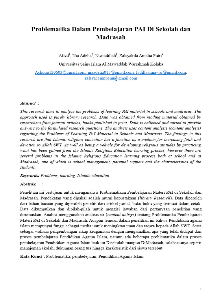 JURNAL Problematika Dalam Pembelajaran Pai Di Sekolah Dan Madrasah | PDF