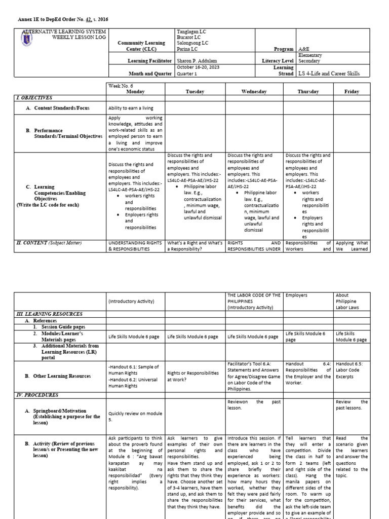 LS 4-Life and Career Skills: I. Objectives | PDF | Employment | Learning