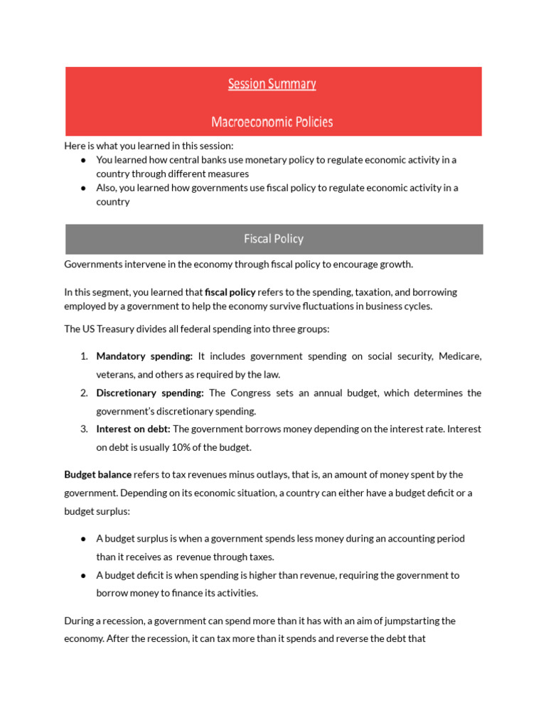 Summary Document M4-S1 Macroeconomic Policies | PDF | Federal Reserve ...