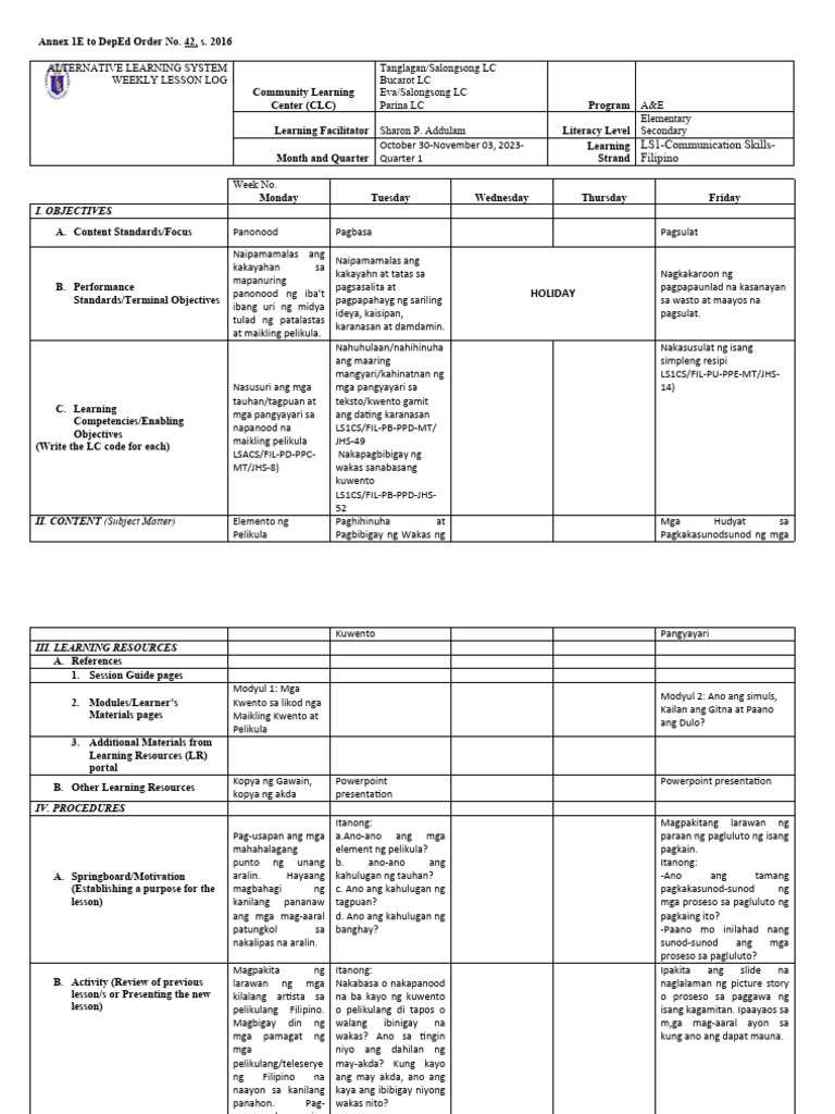 LS1-Communication Skills-Filipino: I. Objectives | PDF