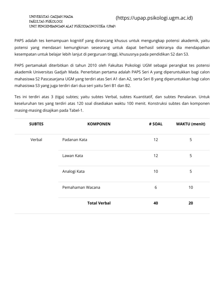 PAPS - UPAP Psikologi UGM | PDF