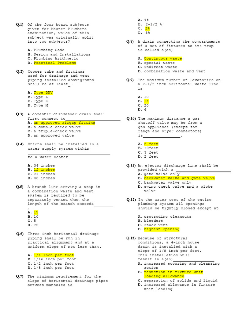 Master Plumber Exam Practice Questions | PDF | Pipe (Fluid Conveyance ...