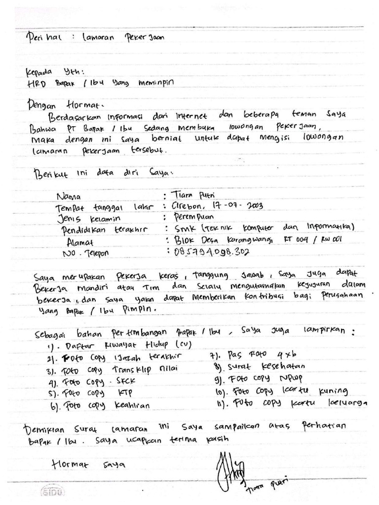 Berkas Lamaran Tiara-2 | PDF