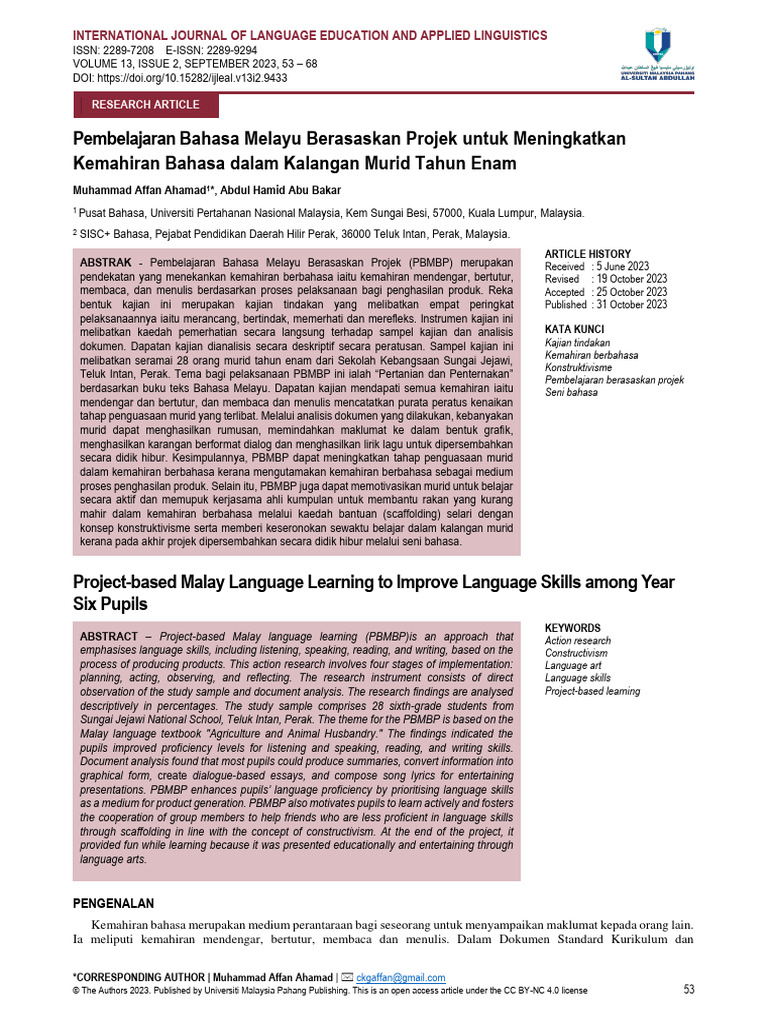 Pembelajaran Bahasa Melayu Berasaskan Projek Untuk Meningkatkan Kemahiran Bahasa Dalam Kalangan ...
