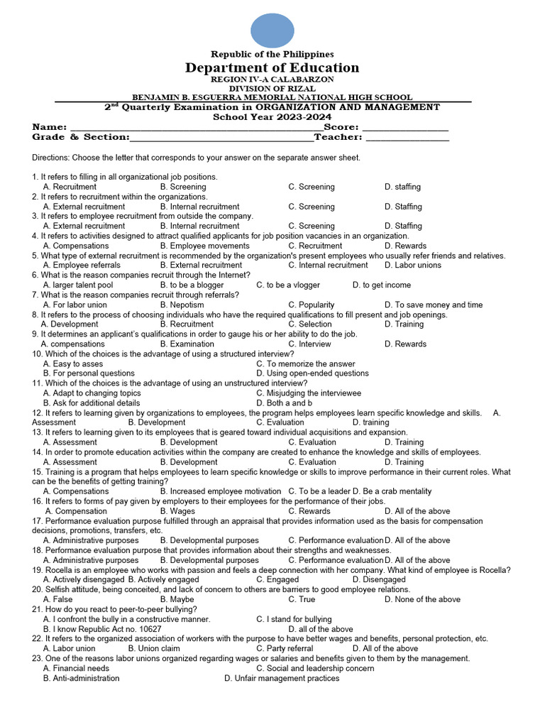2nd Periodical Exam OrgMan 2023 2024 | PDF | Recruitment | Forecasting