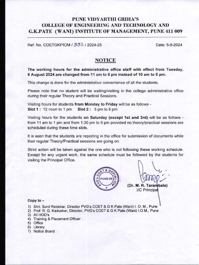 College Timing Change Notice | PDF