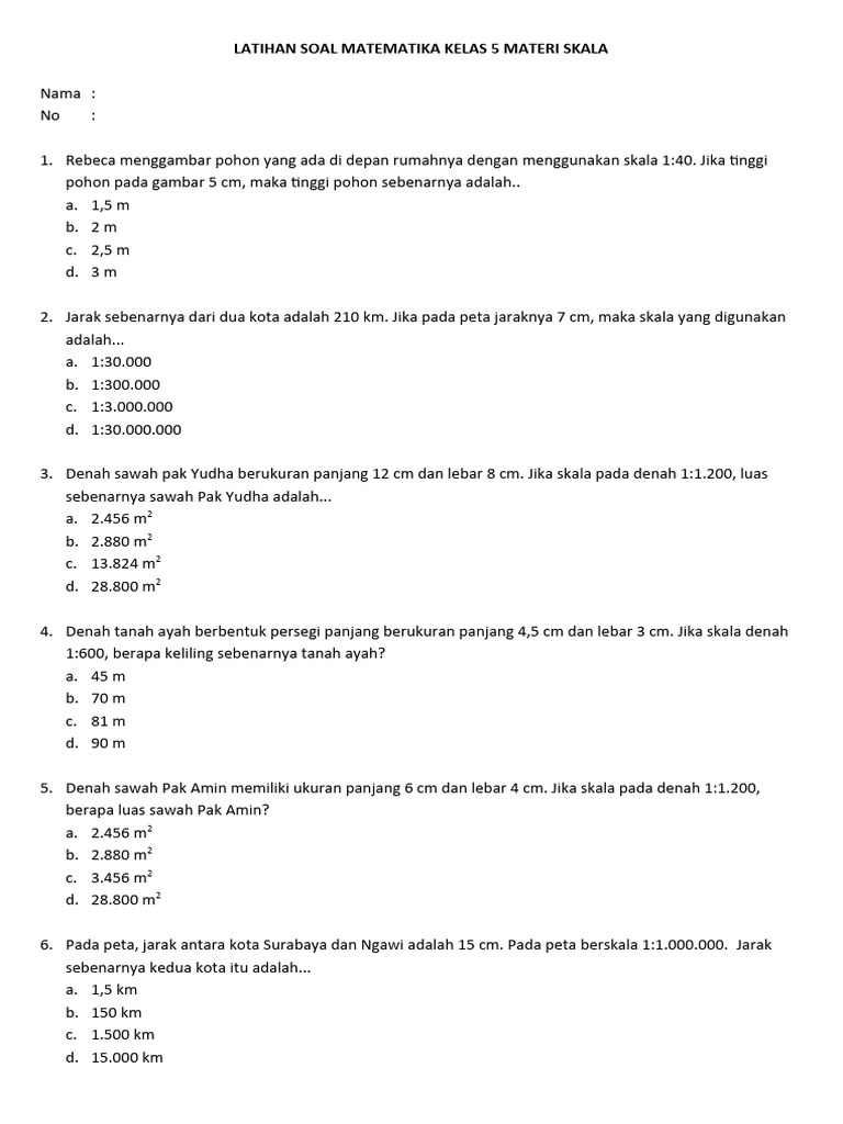 Latihan Soal Matematika Kelas 5 Materi Skala | PDF | Metode & Bahan Ajar | Griya & Taman
