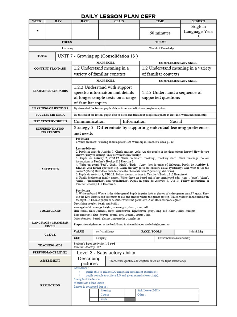 CEFR Daily Lesson Plan for Year 5 | PDF | Lesson Plan | Teachers
