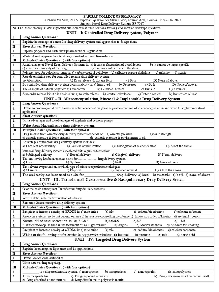 RGPV Imp Qus. NDDS BP 704T VII Sem | PDF | Liposome | Physical Chemistry