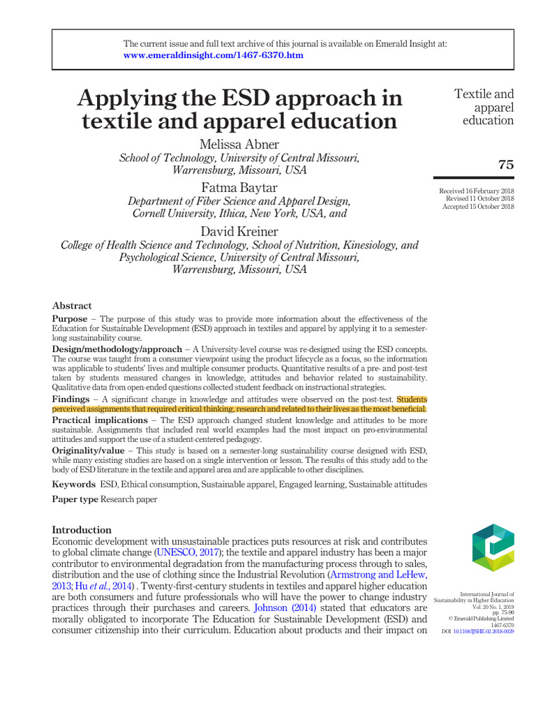 2018 Applying The ESD Approach in Textile and Apparel Education | PDF ...