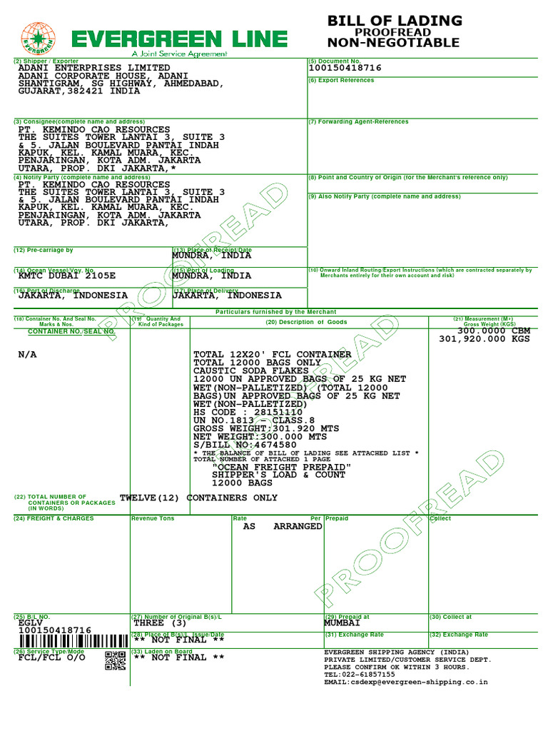 Evergreen Bill of Lading Details | PDF | Cargo | Bill Of Lading