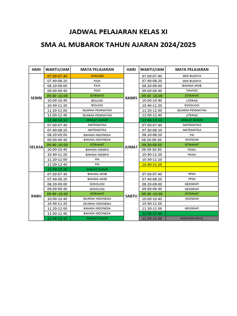 Jadwal Pelajaran Kelas Xi | PDF