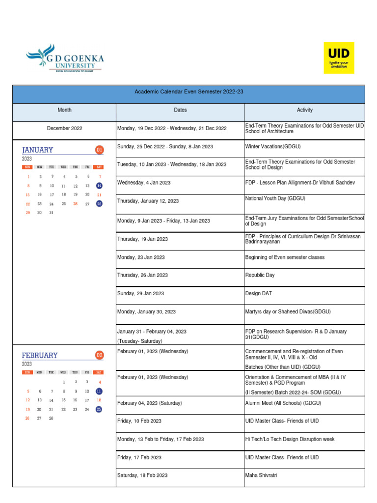 Even Semester Academic Calendar 2022-23 | PDF | Academic Term ...