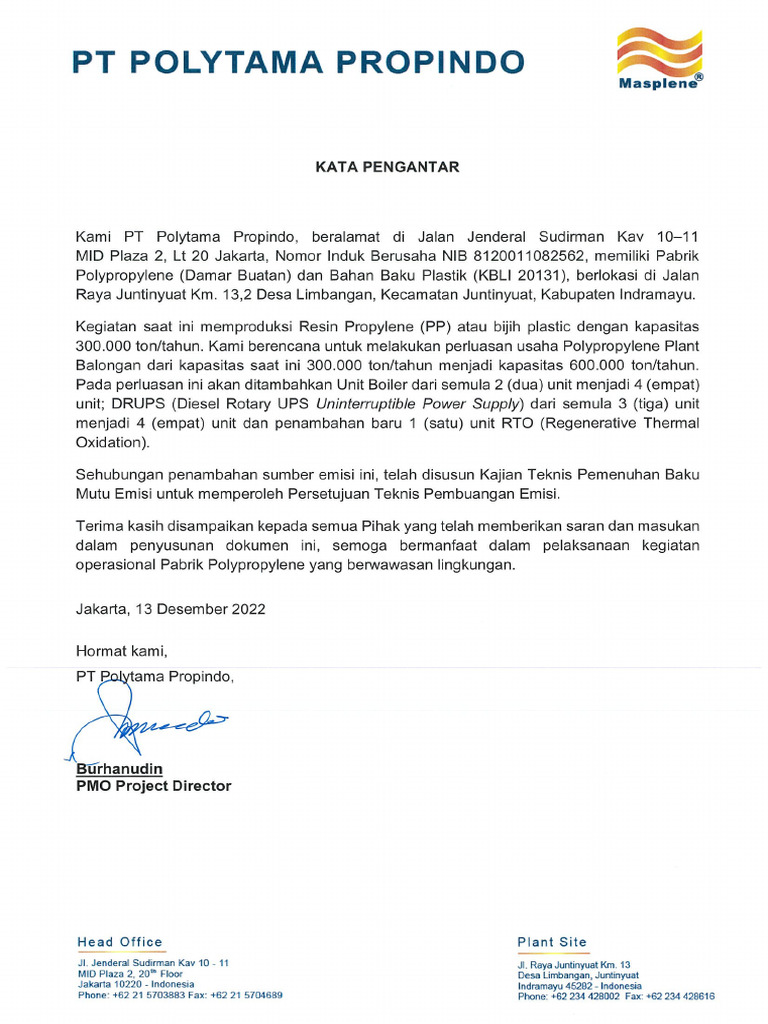 Contoh Kata Pengantar Pertek Emisi | PDF