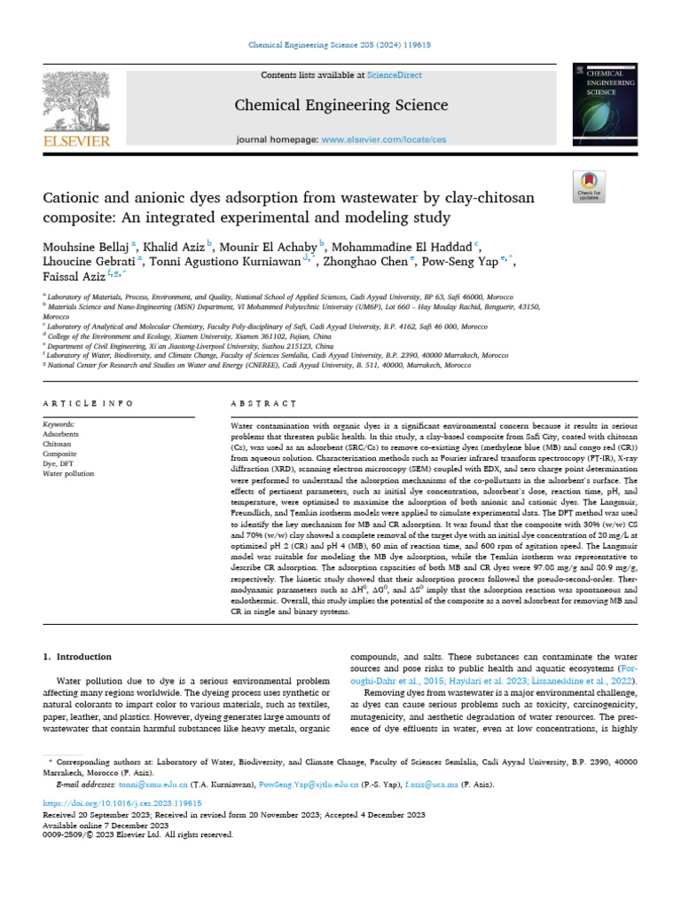 Cationic and Anionic Dyes Adsorption From Wastewater by Clay-Chitosan Composite - An Integrated ...