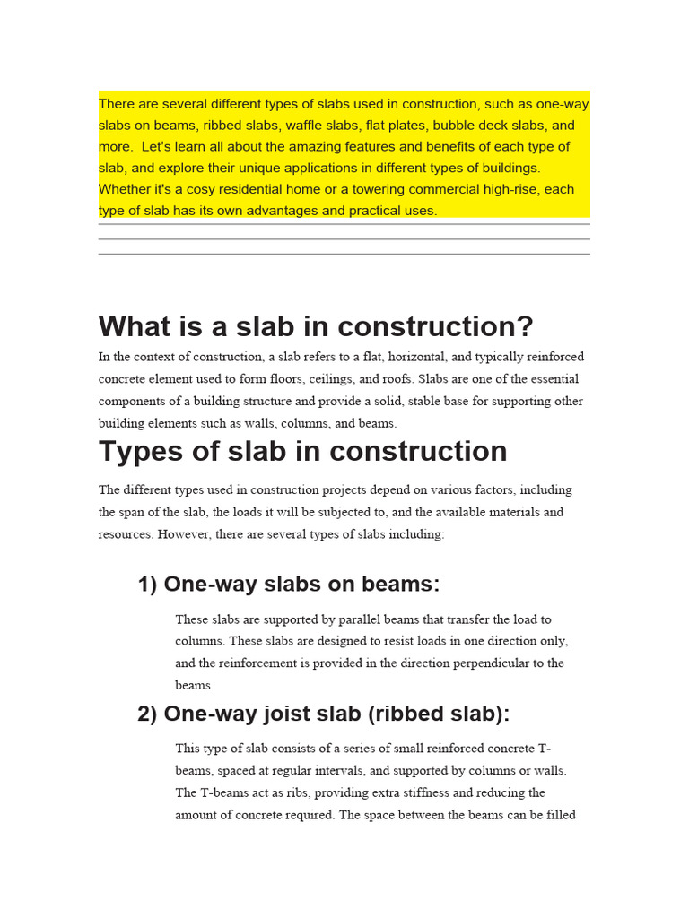 Types of Construction Slabs Explained | PDF | Concrete | Beam (Structure)