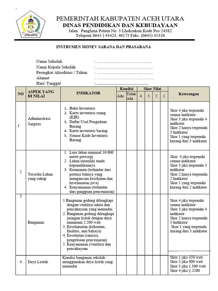 Instrumen Monev Sarana Prasarana Sekolah | PDF