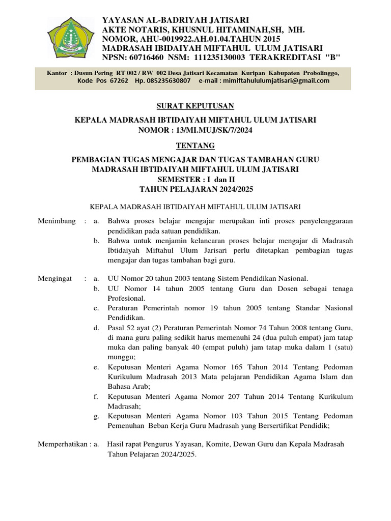 SK Pembagian Tugas Guru Mi - Mu 2024-2025 | PDF