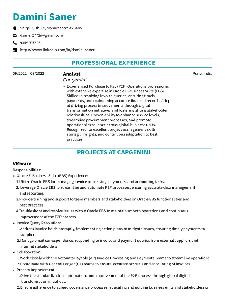 Damini Saner P2P Resume 20240720 | PDF | Accounts Payable | Business