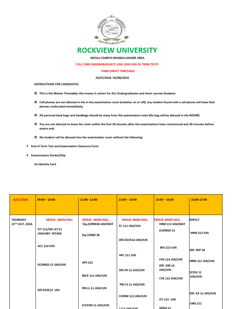 Undergraduate Full Time End of Term Timetable July 2024 - Third Draft | PDF
