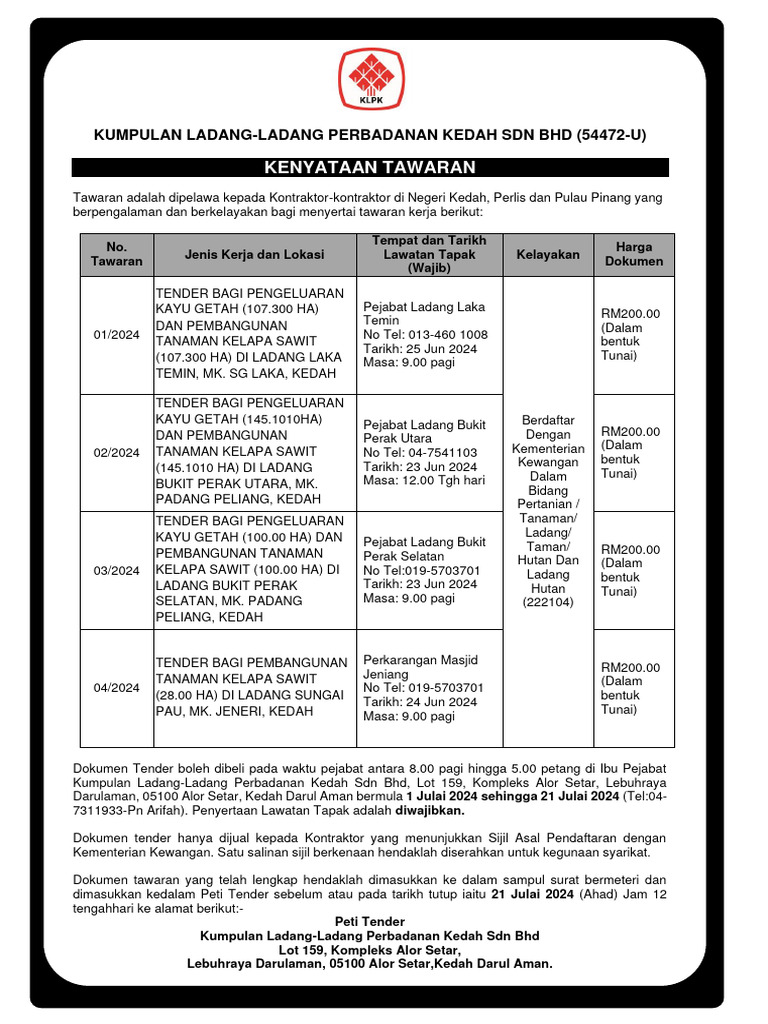 KLPK - Tawaran Tender Kayu Getah & Penanaman Sawit Ladang PKNK 2024 | PDF