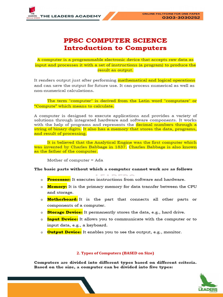 Introduction To Computers Part-1 | PDF | Random Access Memory | Input/Output