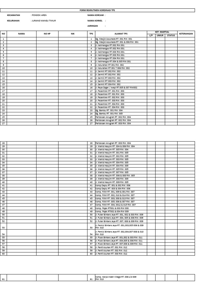 Form Rekrutmen Kordinator Tps | PDF