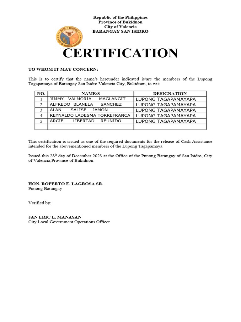 Certification-Functionaries San Isidro | PDF | Philippines