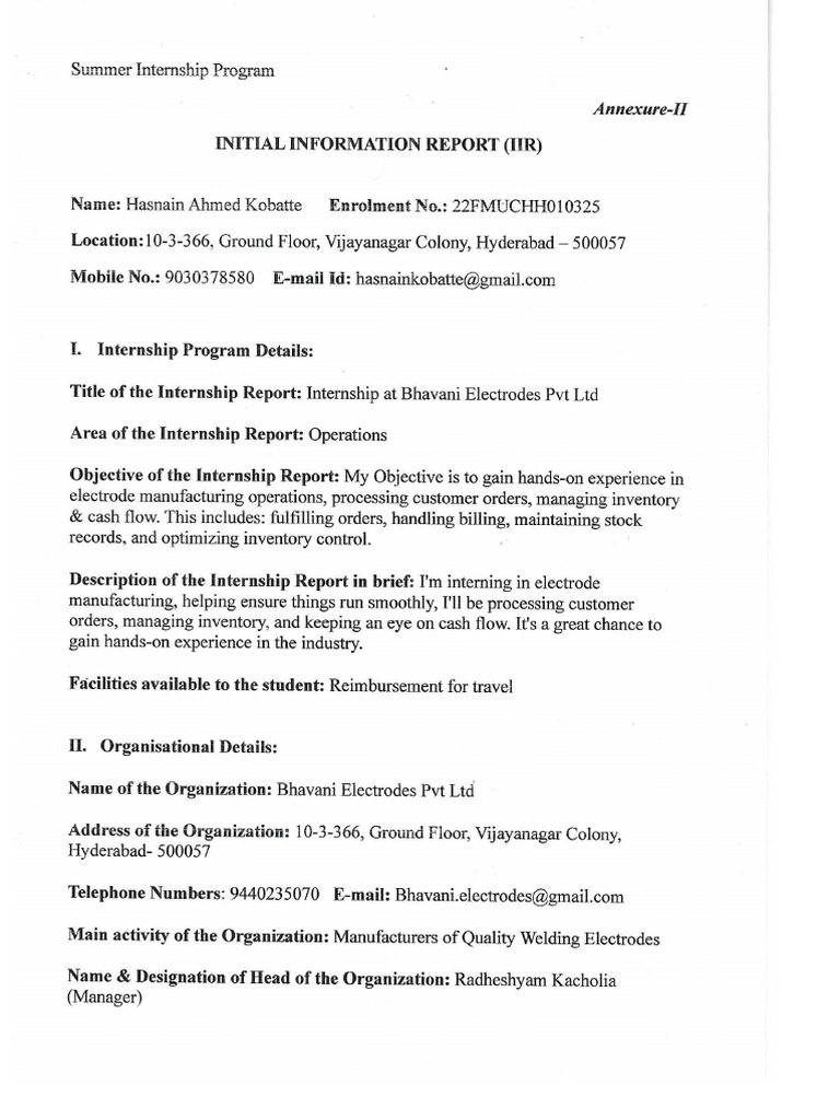 Initial Internship Report 22FMUCHH010325 | PDF