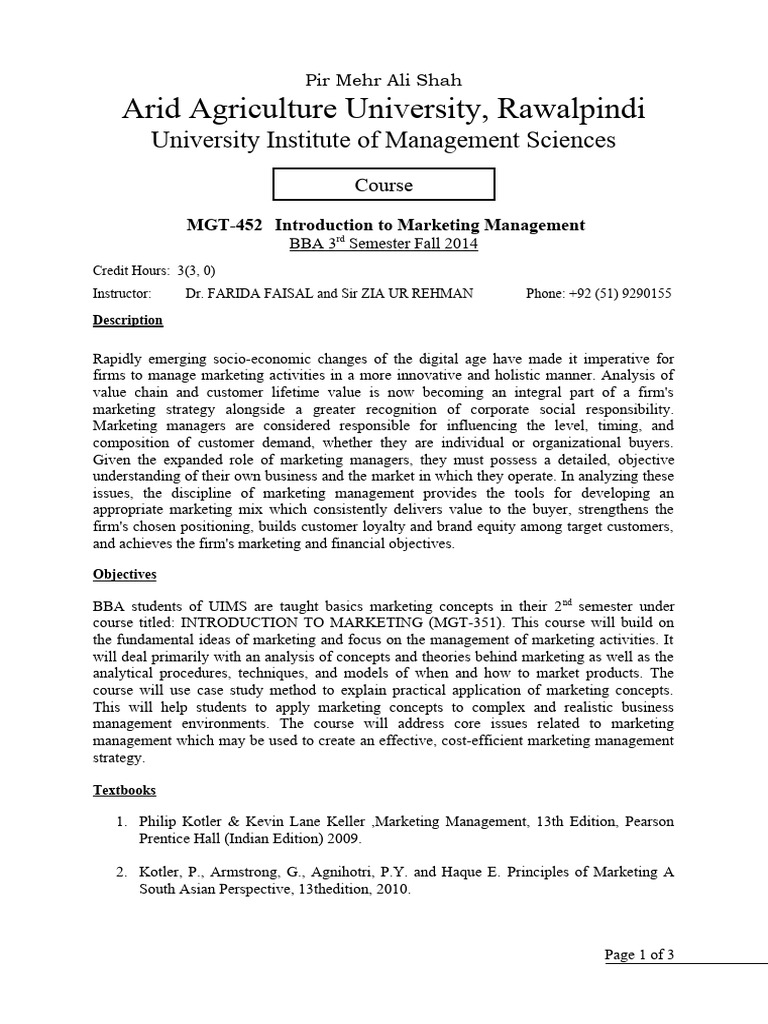 Revised Course Outline Mark. MGT 2014 | PDF | Marketing | Brand