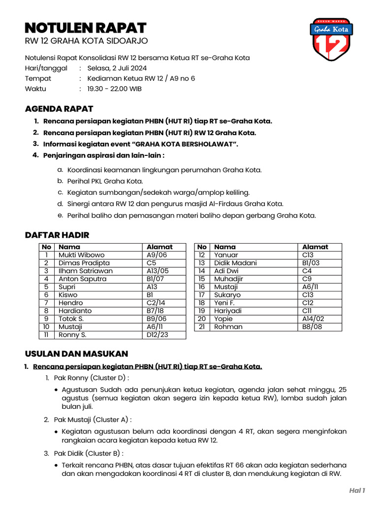 NOTULEN RAPAT RW - 2 JULI 2024 | PDF