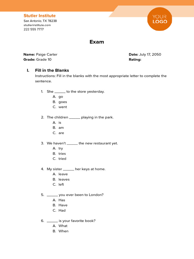 Printable Exam Template | PDF | Adverb | Noun