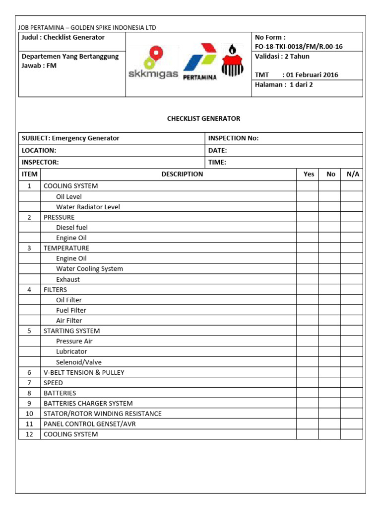 Emergency Generator Inspection Checklist | PDF | Vehicle Technology ...