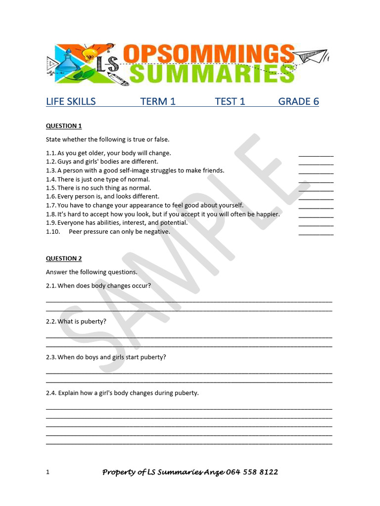 Grade 6 Life Skills: Puberty Insights | PDF | Body Image | Puberty
