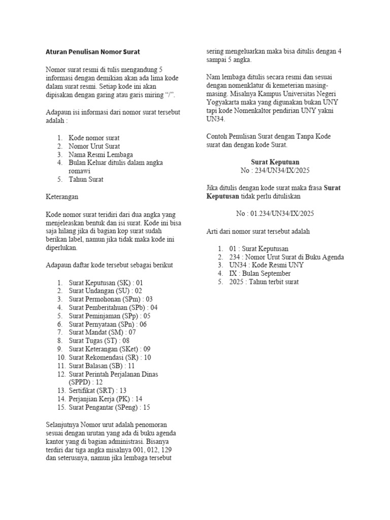 Aturan Penulisan Nomor Surat | PDF
