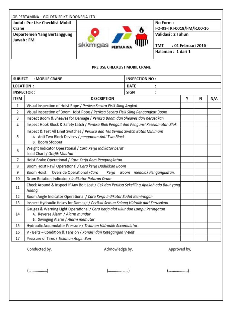 FO-03-TKI-0018-FM-R.00-16 Pre Use Checklist Mobil Crane | PDF
