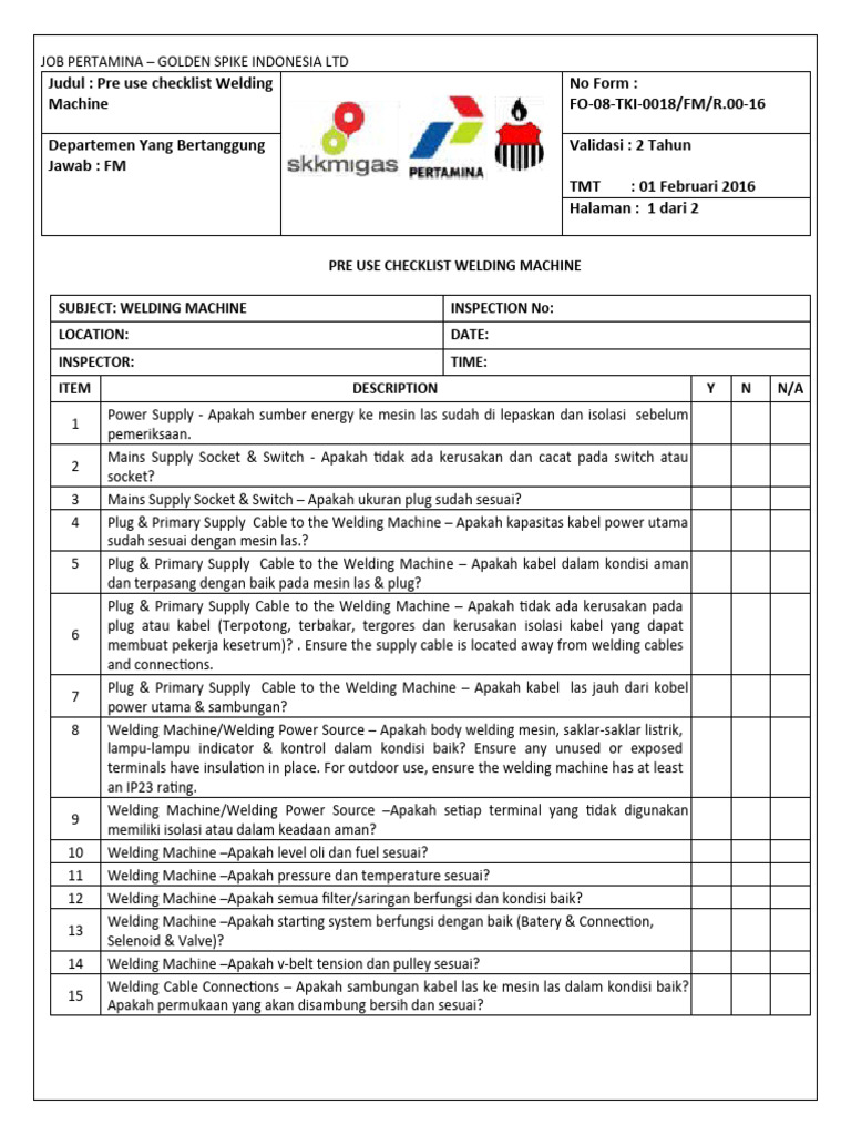 FO-08-TKI-0018-FM-R.00-16 Pre Use Checklist Welding Machine | PDF