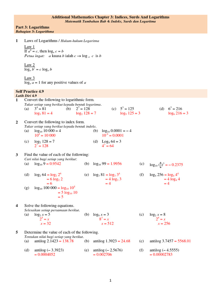Chapter 4 Indices, Surds and Logarithms (Part 3 Logarithms) | PDF | Decibel | Arithmetic