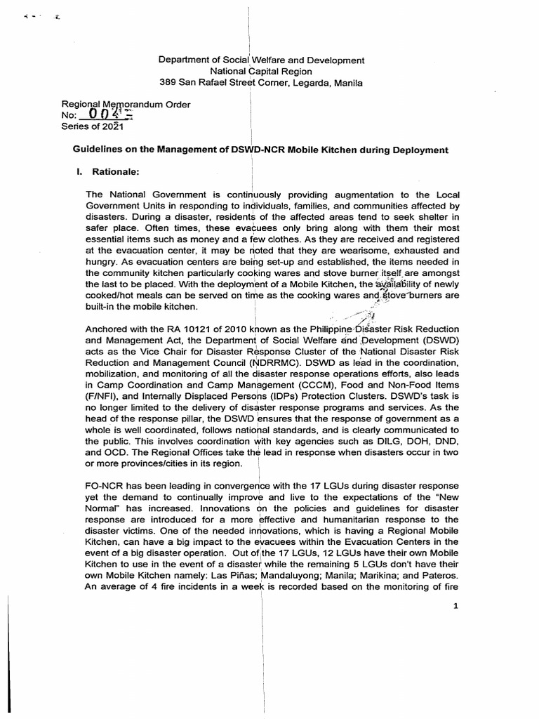 RMO No 004 S 2021 Guidelines On The Management of DSWD NCR Mobile Kitchen During Deployment | PDF
