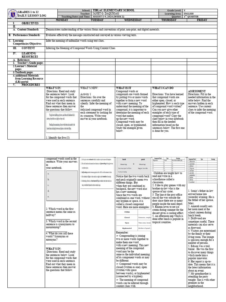 DLL - English 5 - Q1 - W2 | PDF | Learning | Word
