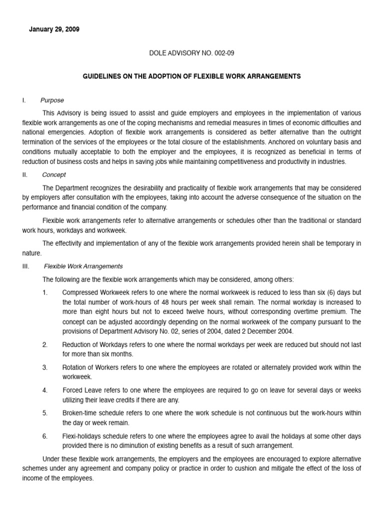 DOLE Advisory No. 002-09 - Guidelines On The Adoption of Flexible Work ...