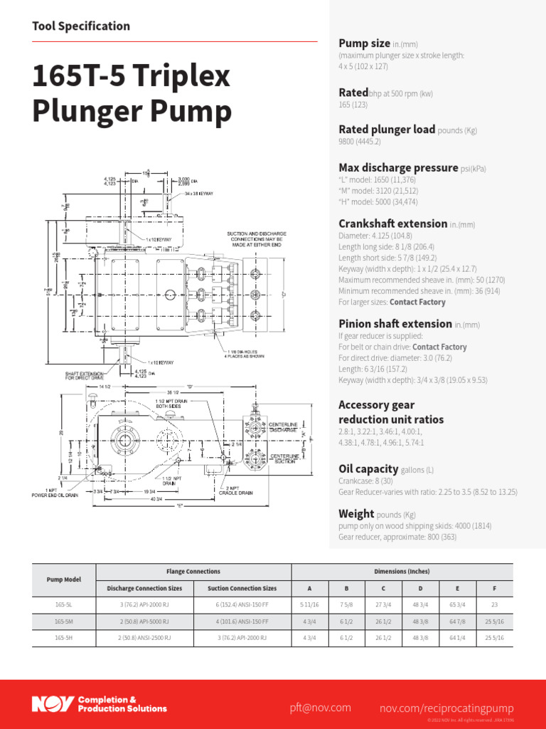 165T5 Triplex Plunger Pump Spec Sheet | PDF | Pump | Manufactured Goods