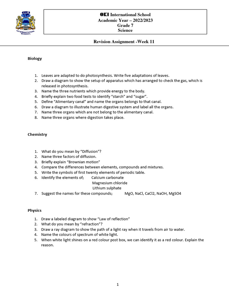 Revision Assignment - Week 11 - Grade 7 - Science | PDF