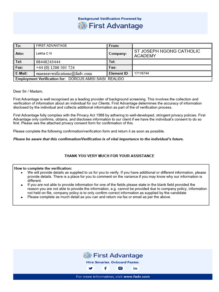 Employment Verification Request for Dorcus Realido | PDF