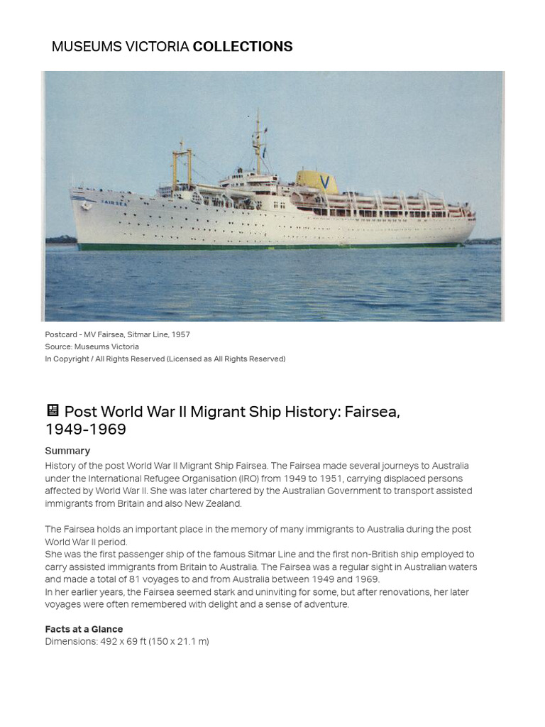 Post World War II Migrant Ship History - Fairsea, 1949-1969 | PDF ...
